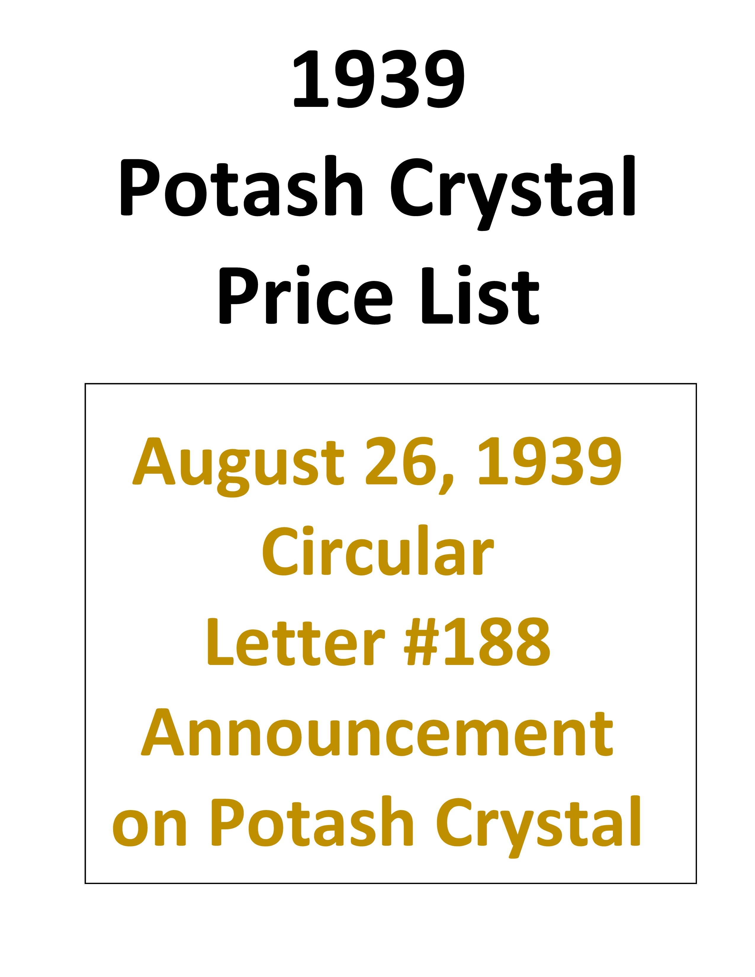 1939 Potash Crystal Price List - National Cambridge Collectors
