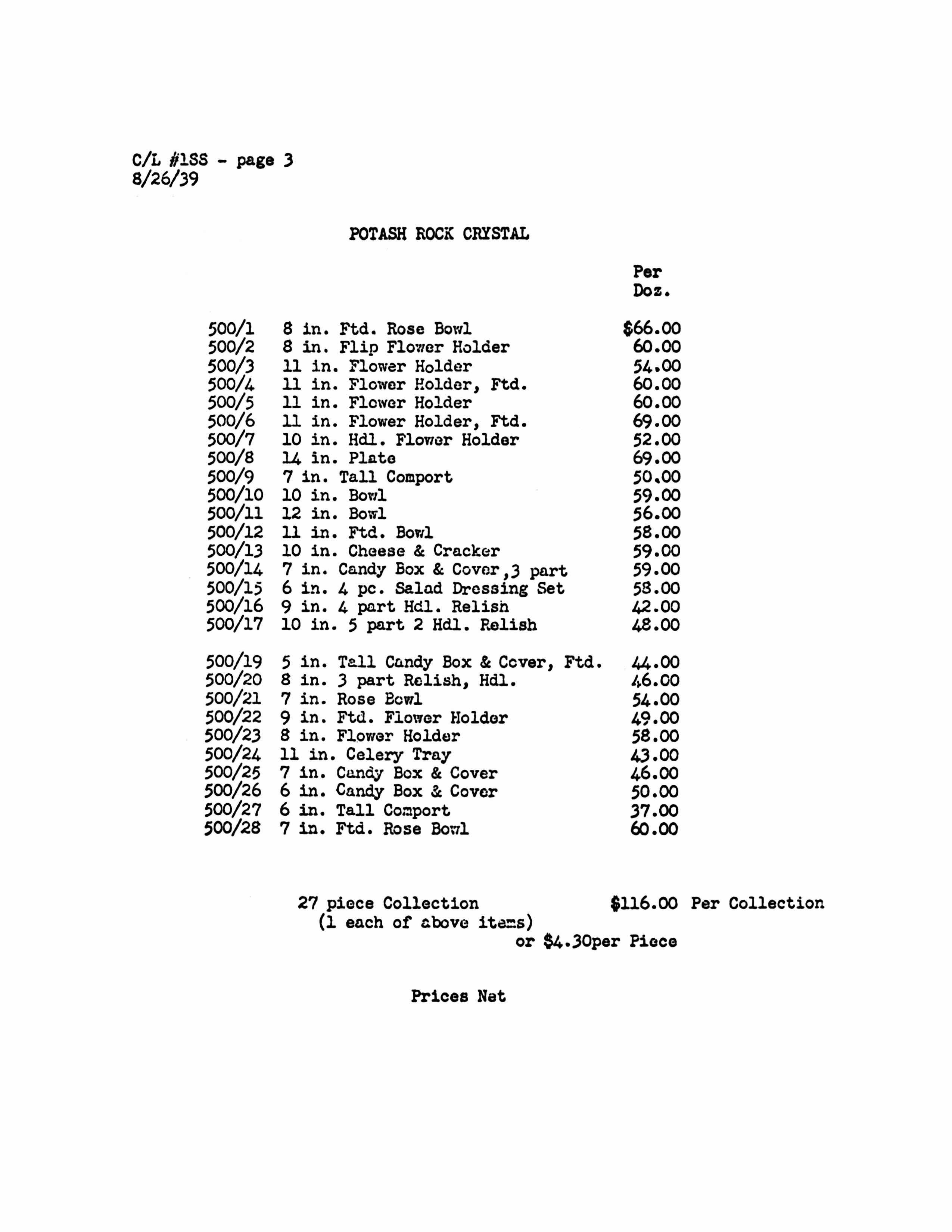 1939 Potash Crystal Price List - National Cambridge Collectors