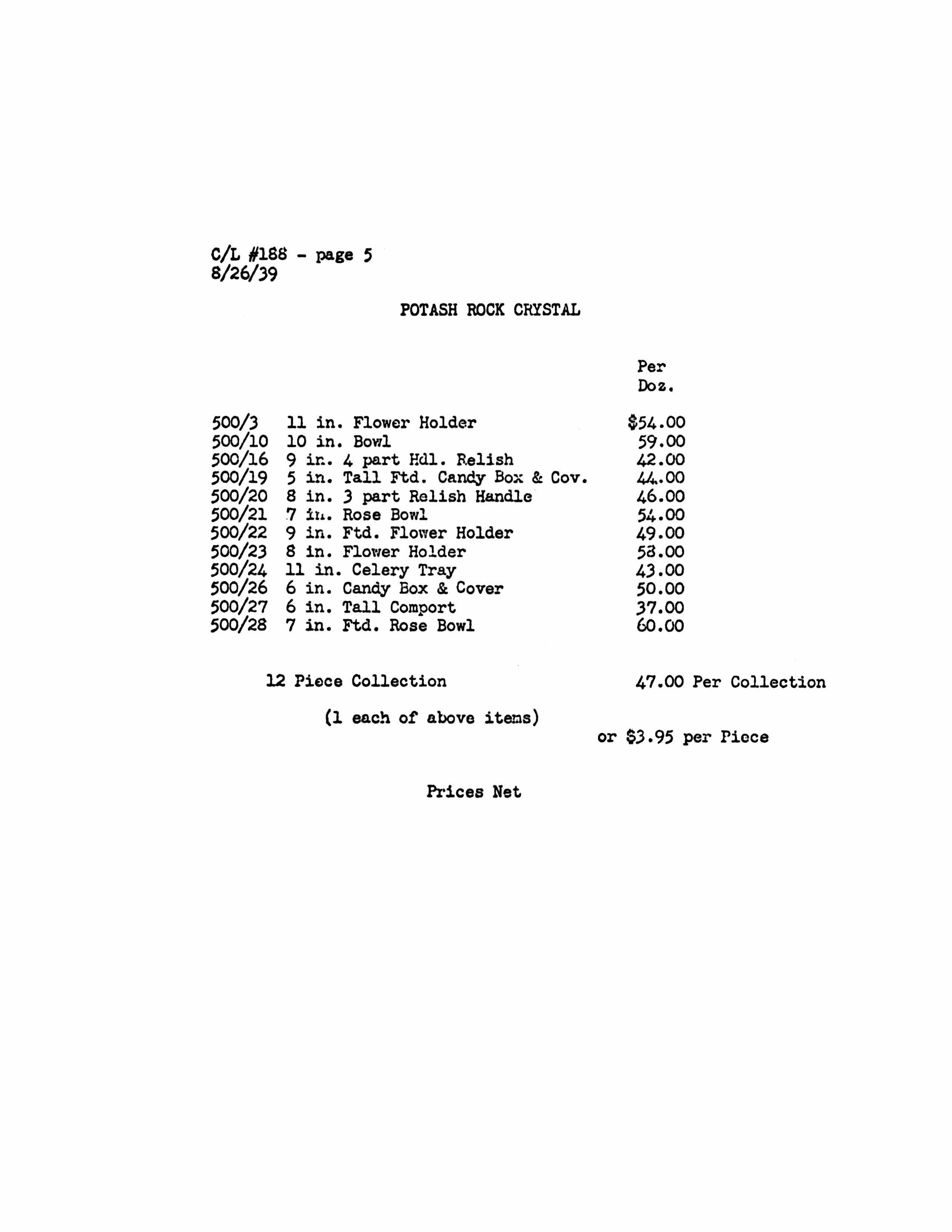 1939 Potash Crystal Price List - National Cambridge Collectors