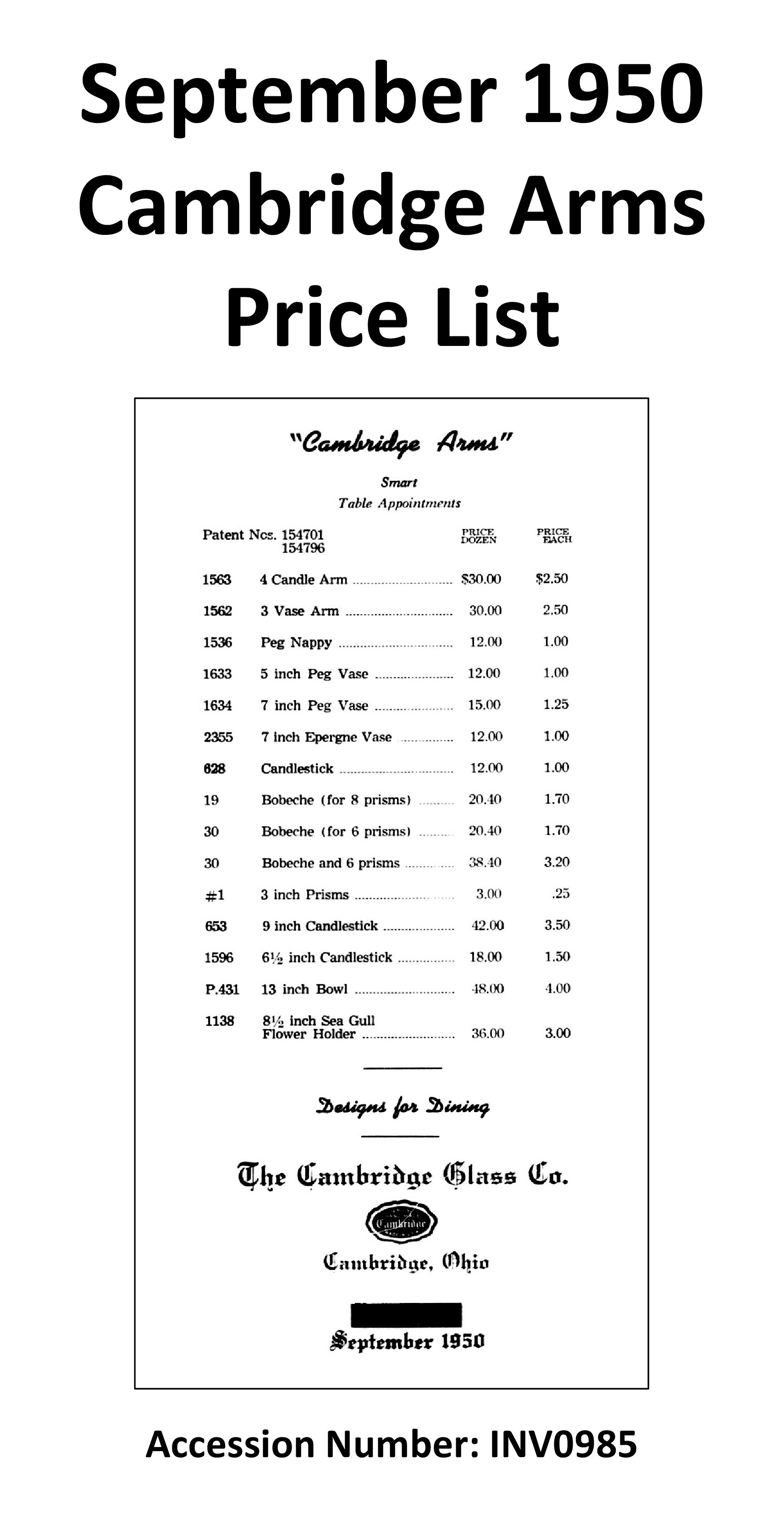 1950-09 Cambridge Arms Price List - National Cambridge Collectors
