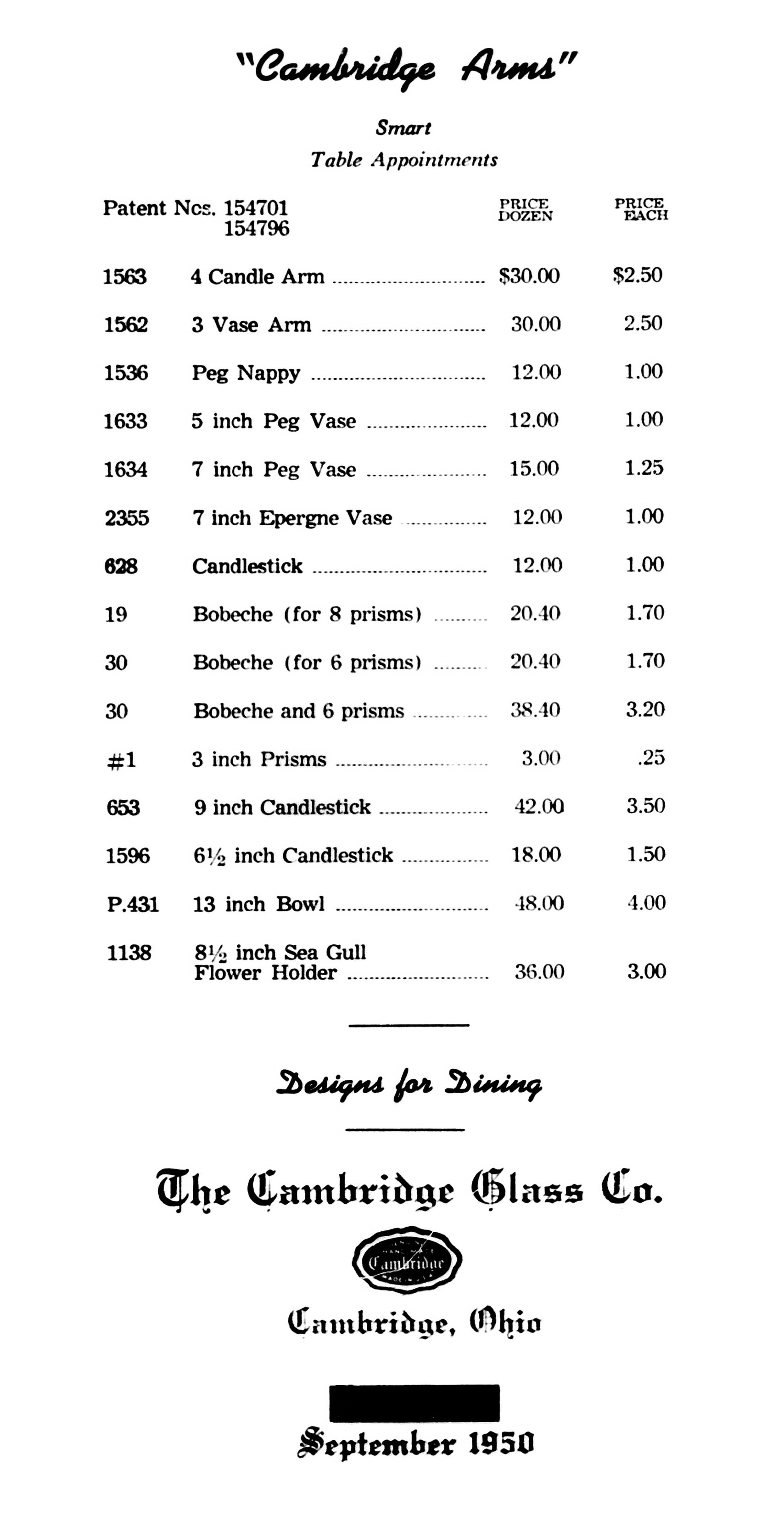 1950-09 Cambridge Arms Price List - National Cambridge Collectors